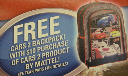 FREE Cars 2 Backpack with $10 purchase – A Thrifty Mom