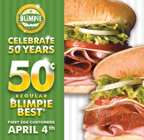 6 inch Blimpie Best Sandwich for only $.50 on April 4th 2014 - A ...