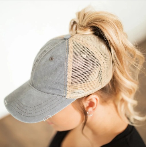 Distressed ponytail baseball cap – A Thrifty Mom